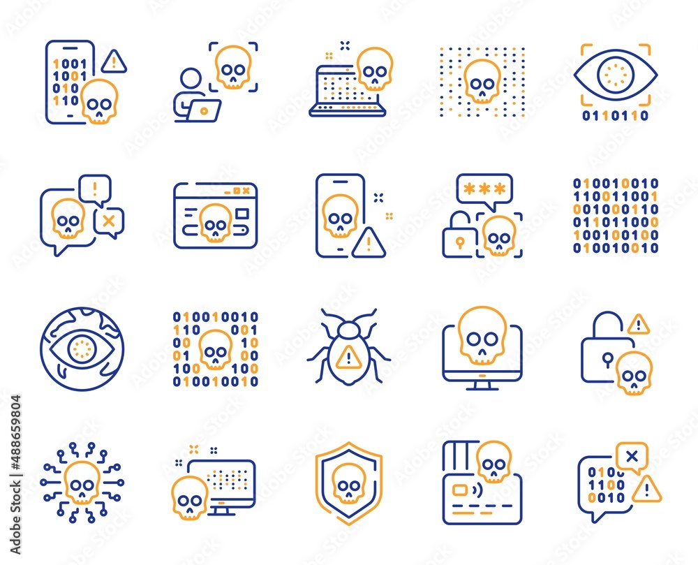 Cyber attack line icons. Phishing risk, Data ransomware, Binary code ...