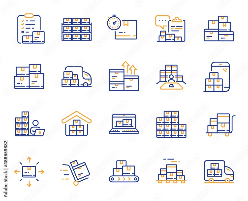 Inventory line icons. Warehouse manager, Wholesale stock, Goods ...