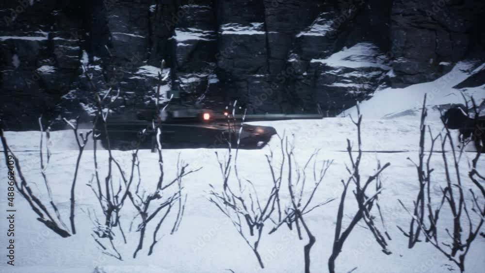 Convoy with military tanks in winter military conditions. A winter ...