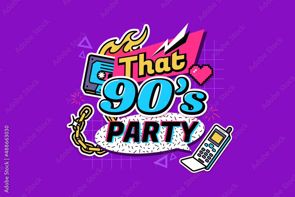 90s party banner design. Colorful badge with lettering and items in the ...