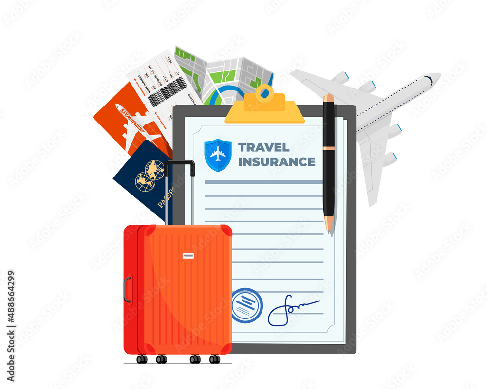 Travel insurance policy with passport, flight ticket, plane and red ...