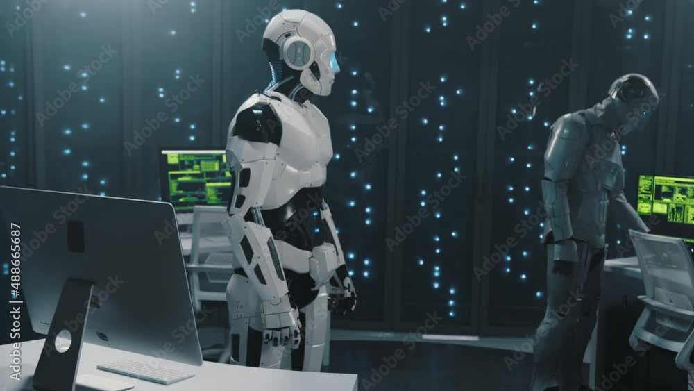 Robots in server room. Operative AI cybernetic robots using multiple computers hacking code ...