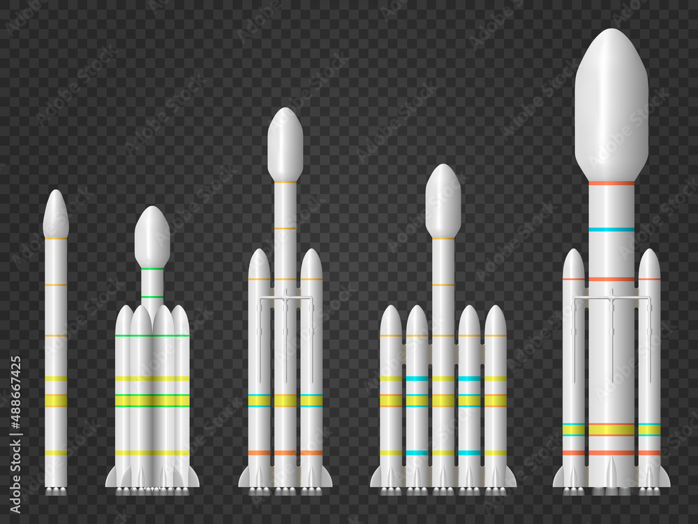 Set of the five vector realistic rockets isolated on dark transparent ...