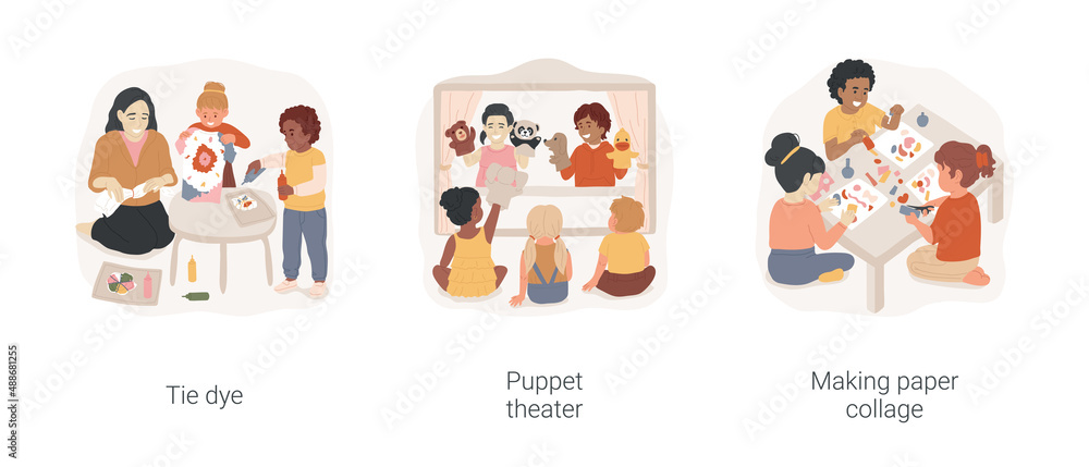 Activities in kindergarten isolated cartoon vector illustration set ...