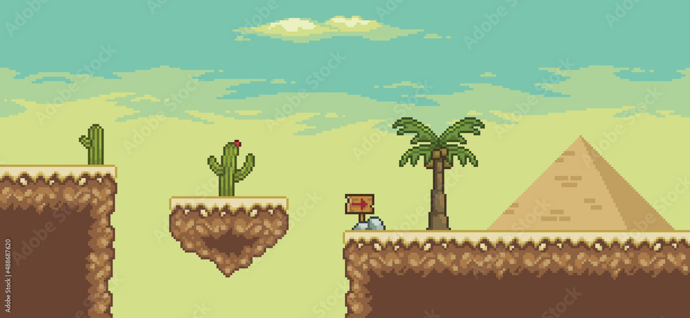 Pixel art desert game scene with pyramid, palm tree, cactuses, floating ...