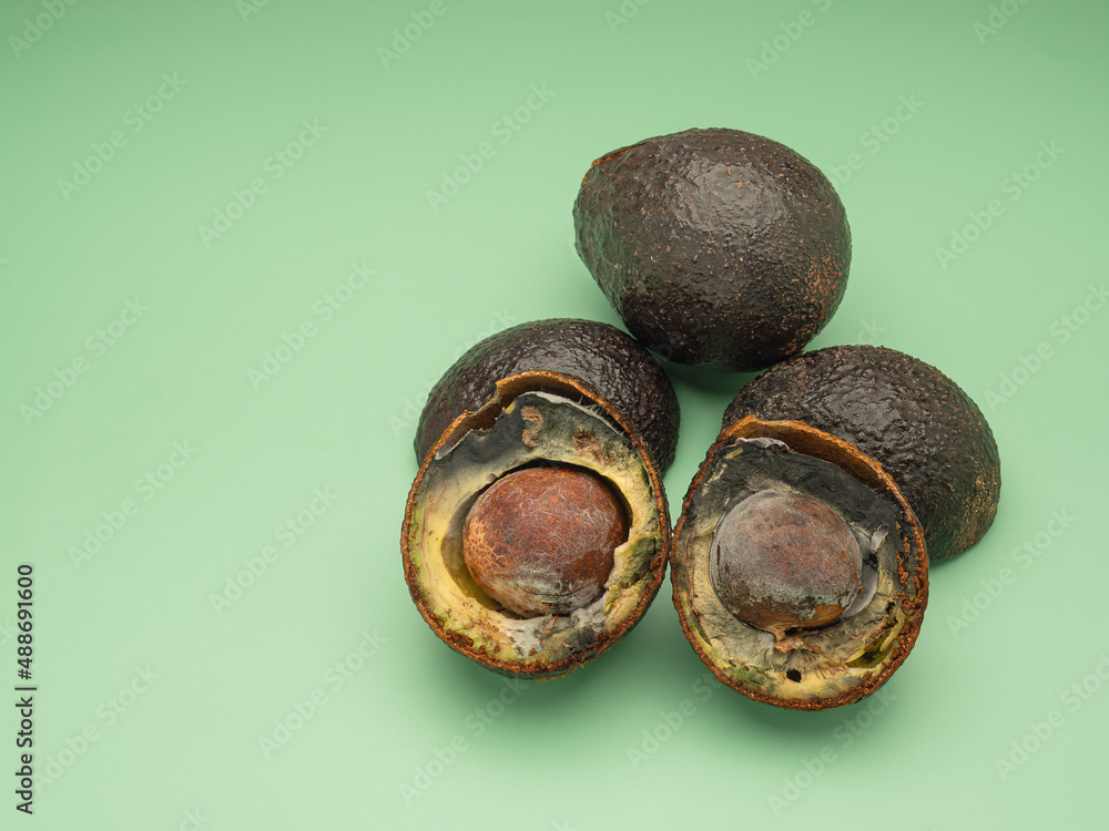 Rotten avocados cut in half over a green background Stock Photo | Adobe ...