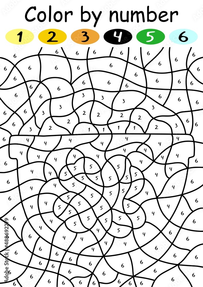 Pot of gold color by number game for children vector illustration. St ...