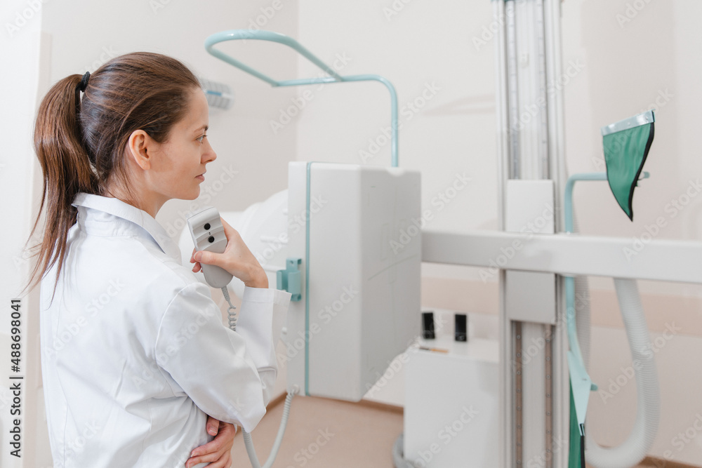 Hospital Radiology Room. Xray machine for fluorography. Doctor ...