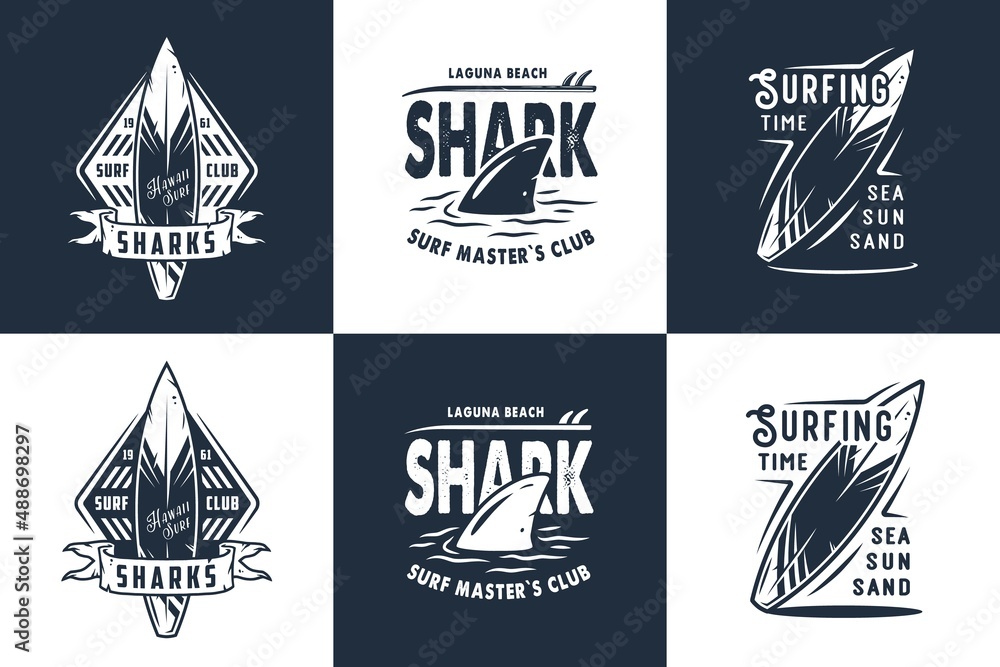 Surf board for summer surfing on the waves collection. Shark and ...