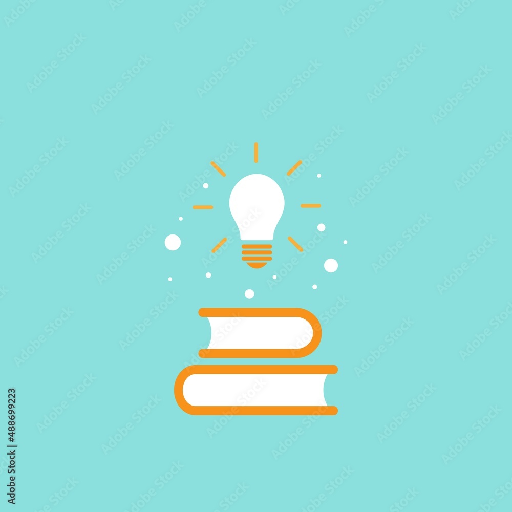 stack of books with shining bulb flying out. Flat icon isolated on blue ...