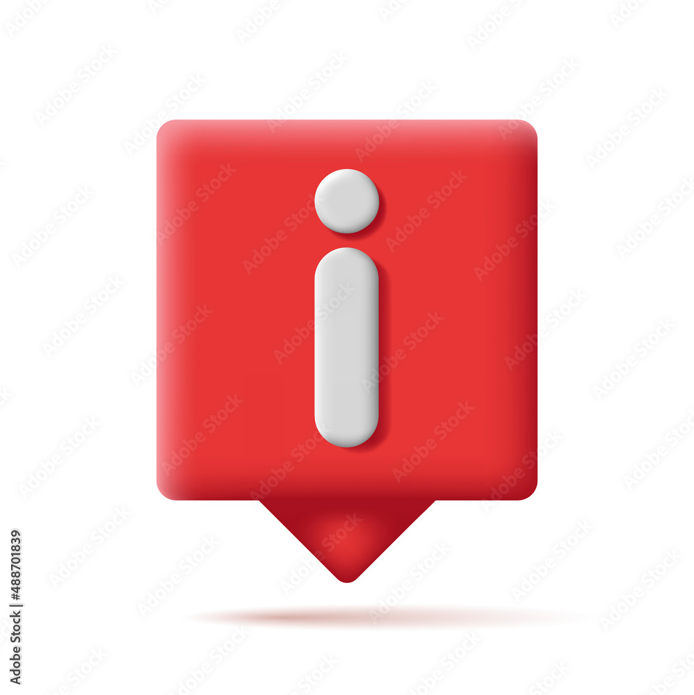Information tooltip icon, red 3d soft render shape with pointer and i ...