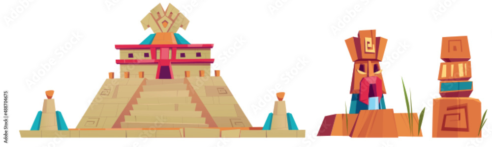 Aztec pyramids and statues, mayan city monumental landmarks isolated on ...