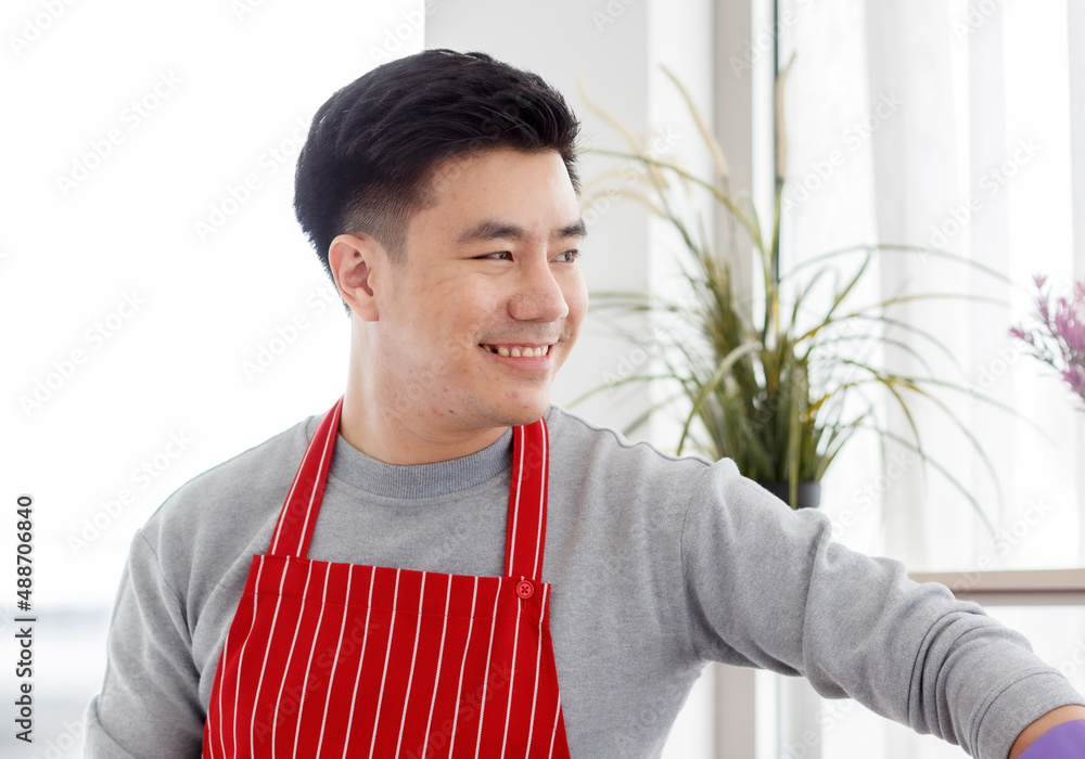 Asian happy male husband housekeeper servant in maid uniform with ...