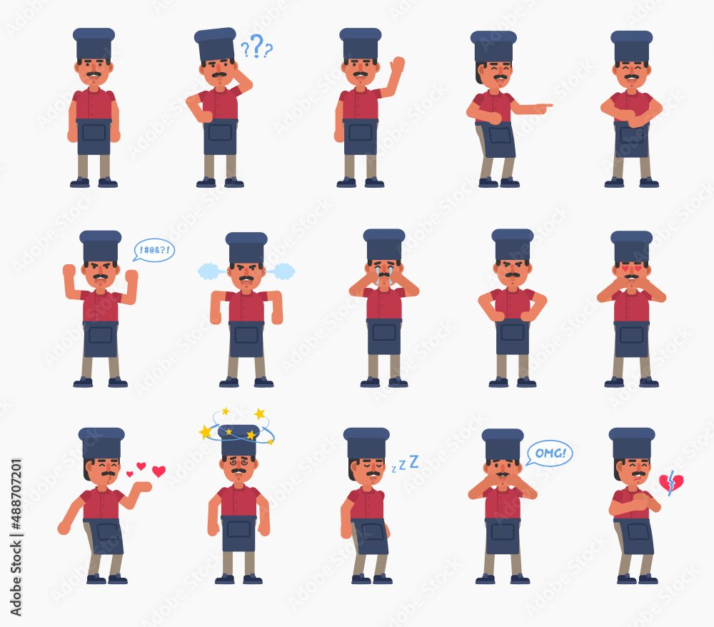 Set of chef cook characters showing various emotions. Chef cook crying ...