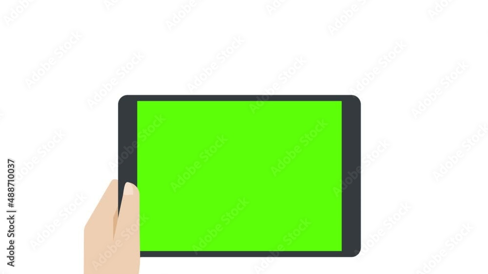 Person hand holding the tablet and touching on green screen chroma key ...