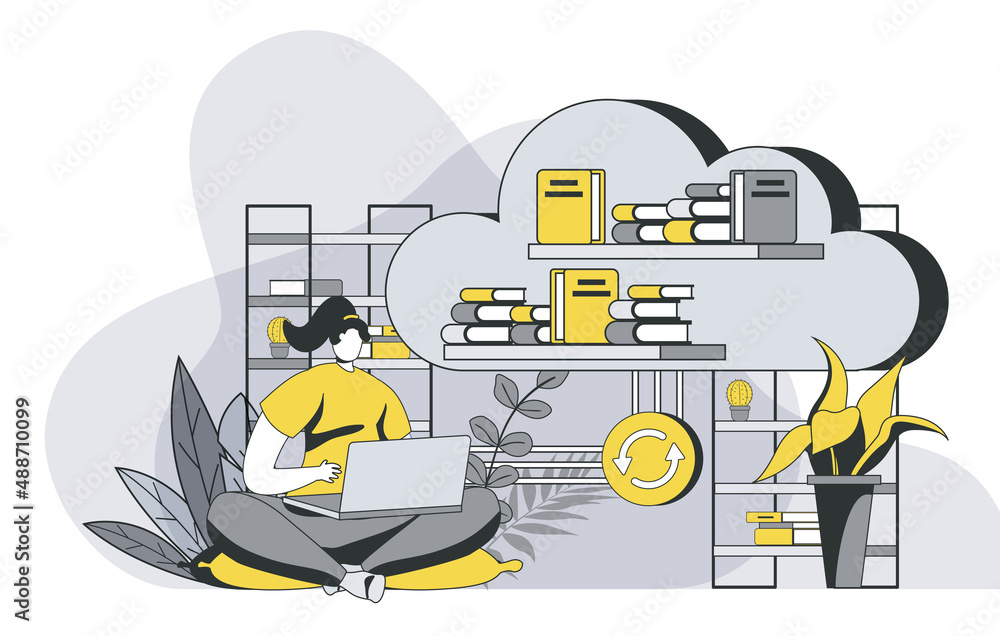 Cloud library concept with outline people scene. Woman reads e-books on ...