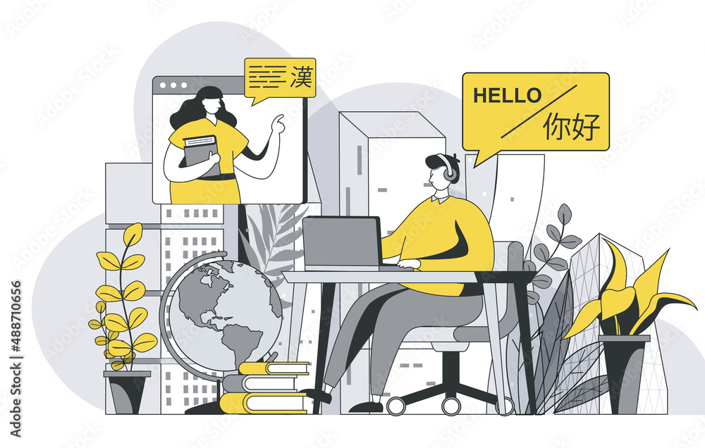 Language courses concept with outline people scene. Man studies online ...