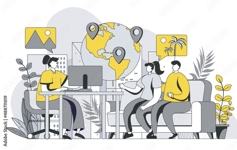 Travel agency concept with outline people scene. Man and woman ...