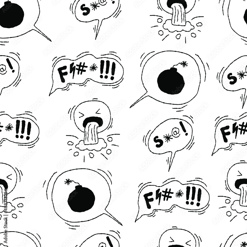 Angry doodle swear curses seamless pattern. Hand drawn speech bubble ...