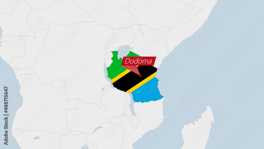 Tanzania map highlighted in Tanzania flag colors and pin of country ...