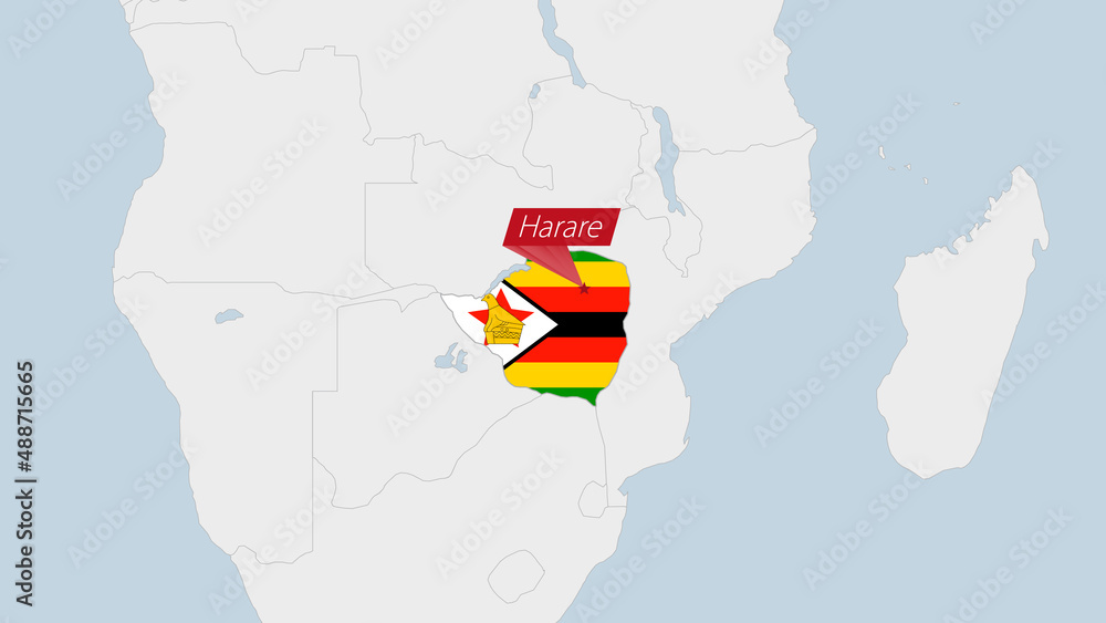Zimbabwe map highlighted in Zimbabwe flag colors and pin of country ...