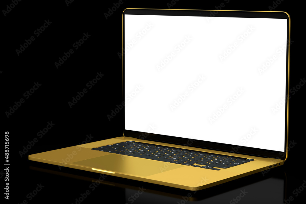 Realistic aluminum laptop with empty white screen isolated on black ...