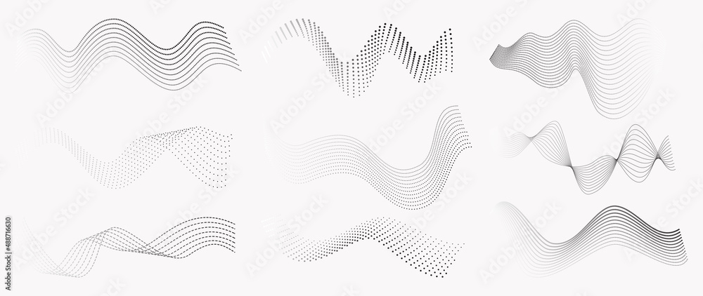 Abstract dotted halftone waves collection. Black and grey digital wavy ...