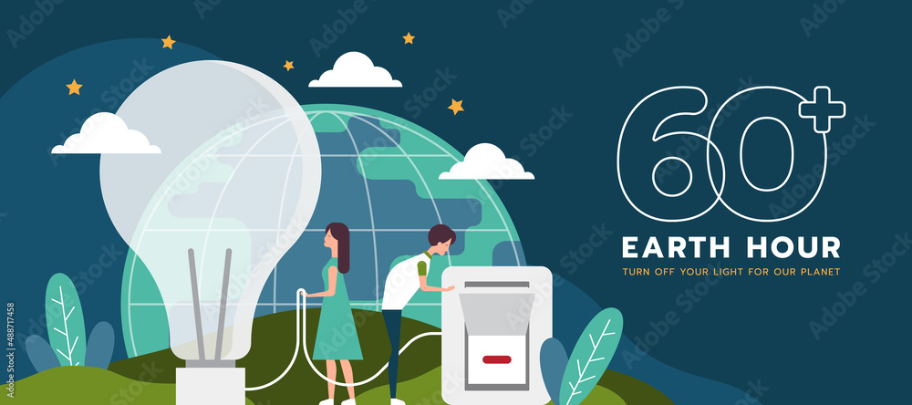 Earth hour - people helping to turn off the lights on globe world ...