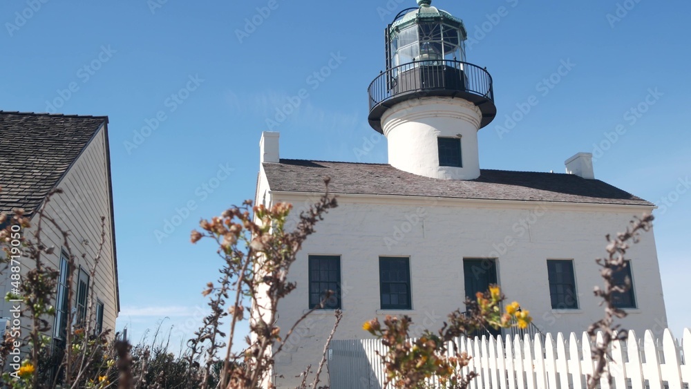 Vintage lighthouse tower, retro light house, old fashioned historic ...