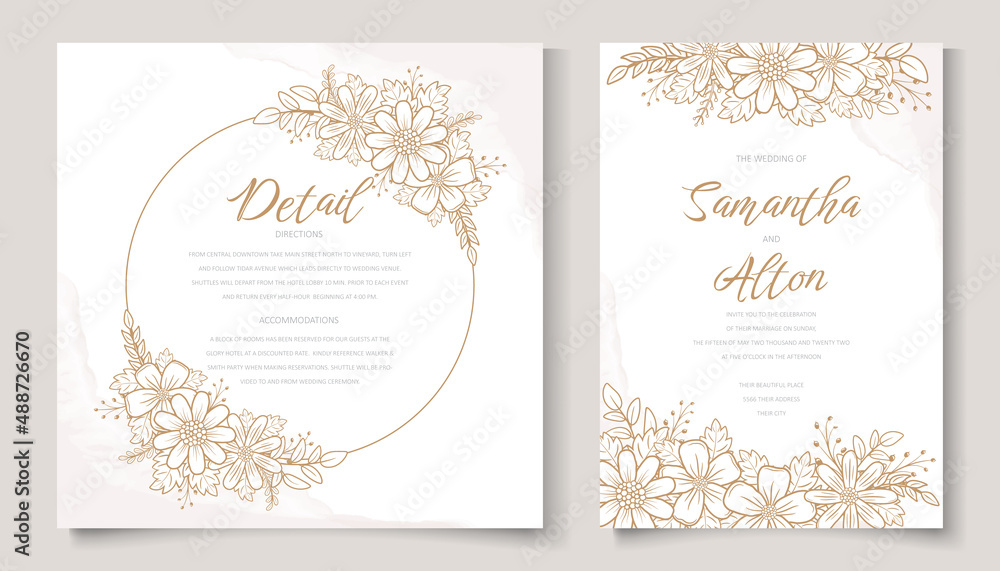 Wedding invitation template with floral outline decoration Stock Vector ...
