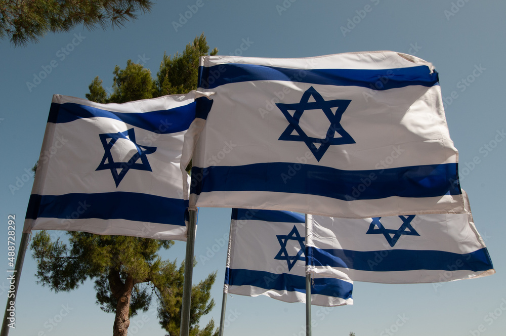 Multiple, large, blue and white flags of the State of Israel rippling ...