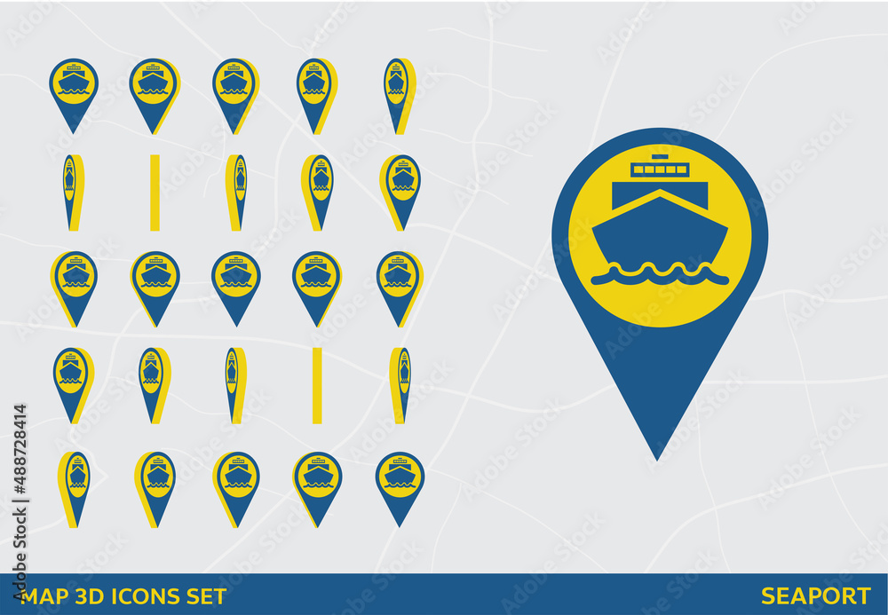 Vetor de Maps 3D Icon Set Rotation Seaport Sign Vector Illustration do ...