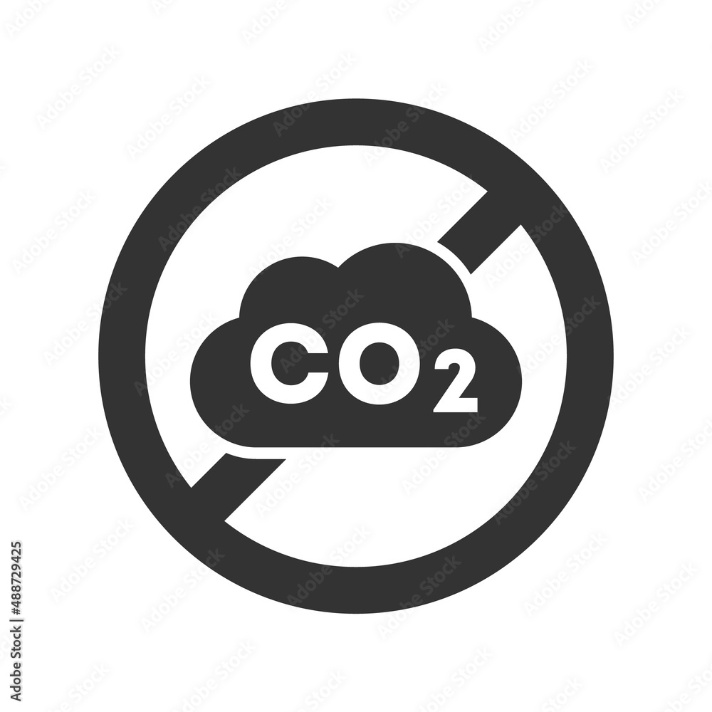 CO2 banned icon. Carbon dioxide sign crossed out inside circle. No CO2 symbol. Carbon offset ...