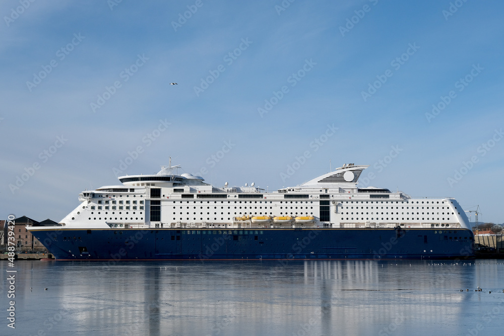 Color RoRo passenger and car ferry Magic Fantasy docked at pier in port ...