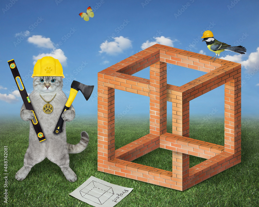 An ashen bricklayer in a construction helmet with a axe and a building ...