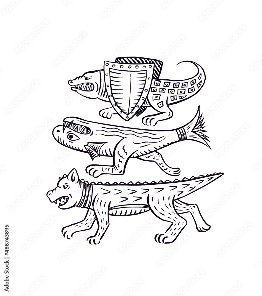 Medieval art of animals and beasts - middle ages style illustration of ...
