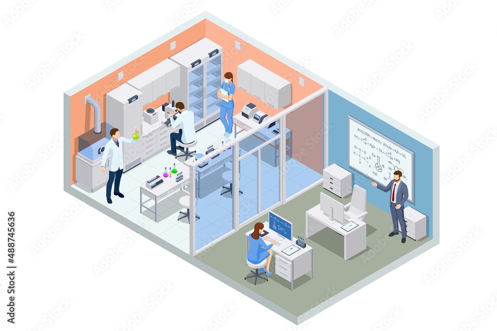 Isometric chemical laboratory concept. Laboratory assistants work in ...