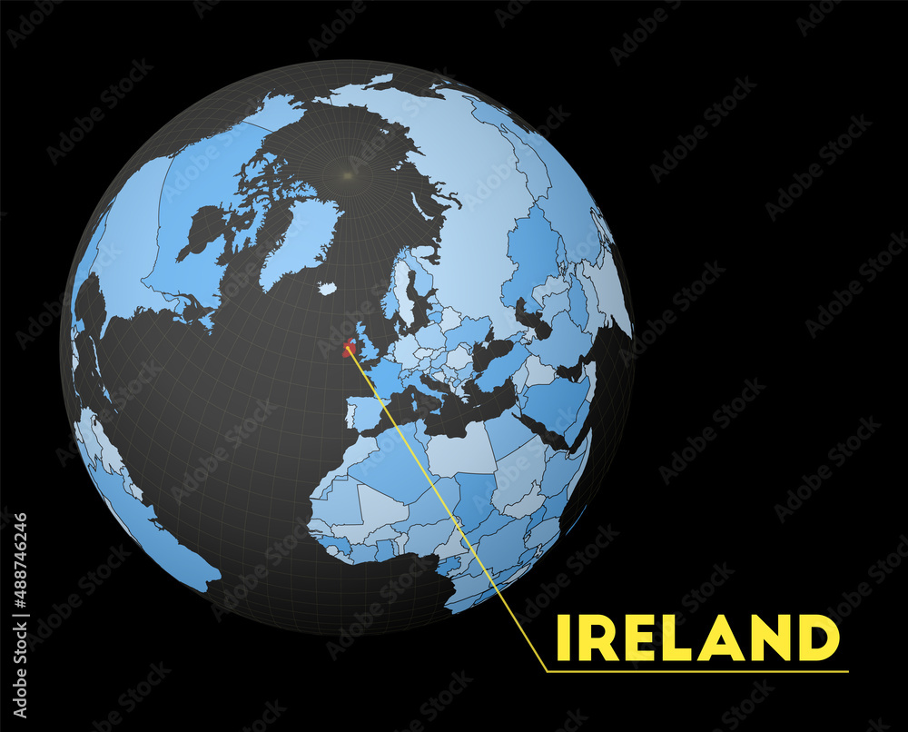 Ireland on dark globe with blue world map. Red country highlighted ...