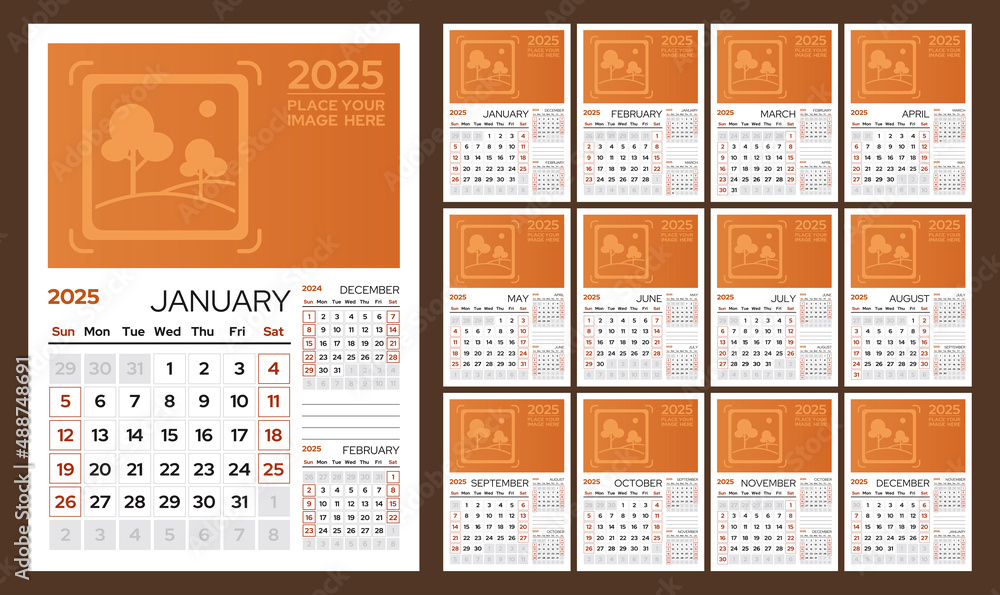 Set of 12 vertical calendar pages for 2025 with place for photo. Vector ...