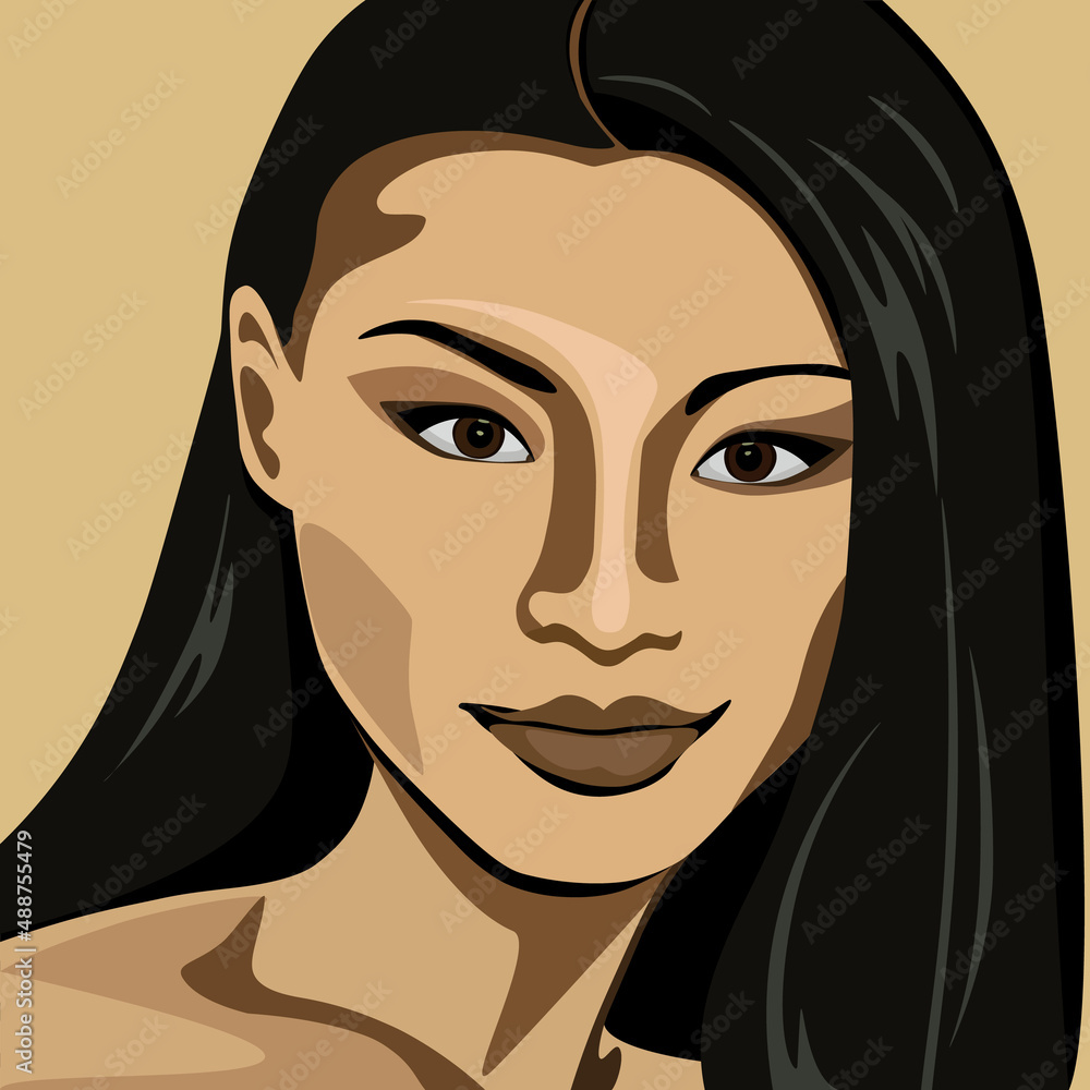 Beautiful Asian girl portrait, cartoon style, flat vector art ...