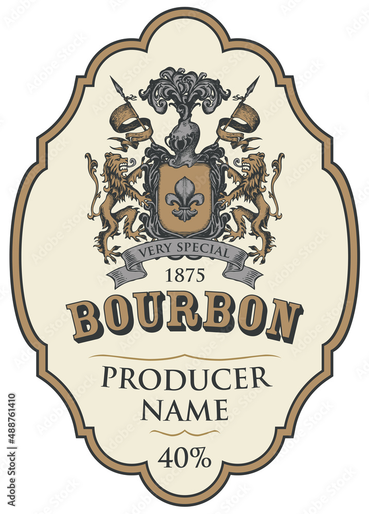 Vector label for Bourbon with hand-drawn coat of arms on a light ...