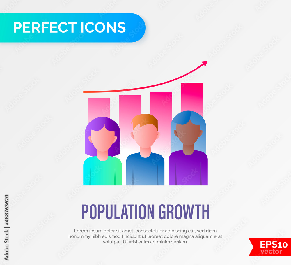 Overpopulation, graph of population growth gradient flat icon ...