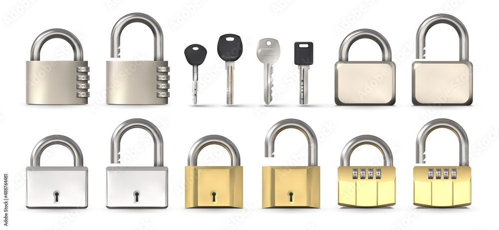 Open and closed metallic, gold and chrome code padlocks. Realistic ...
