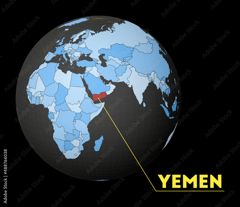 Yemen on dark globe with blue world map. Red country highlighted ...
