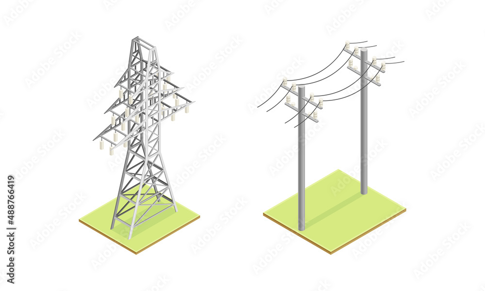 Electric power objects set. High voltage electricity power transmission ...