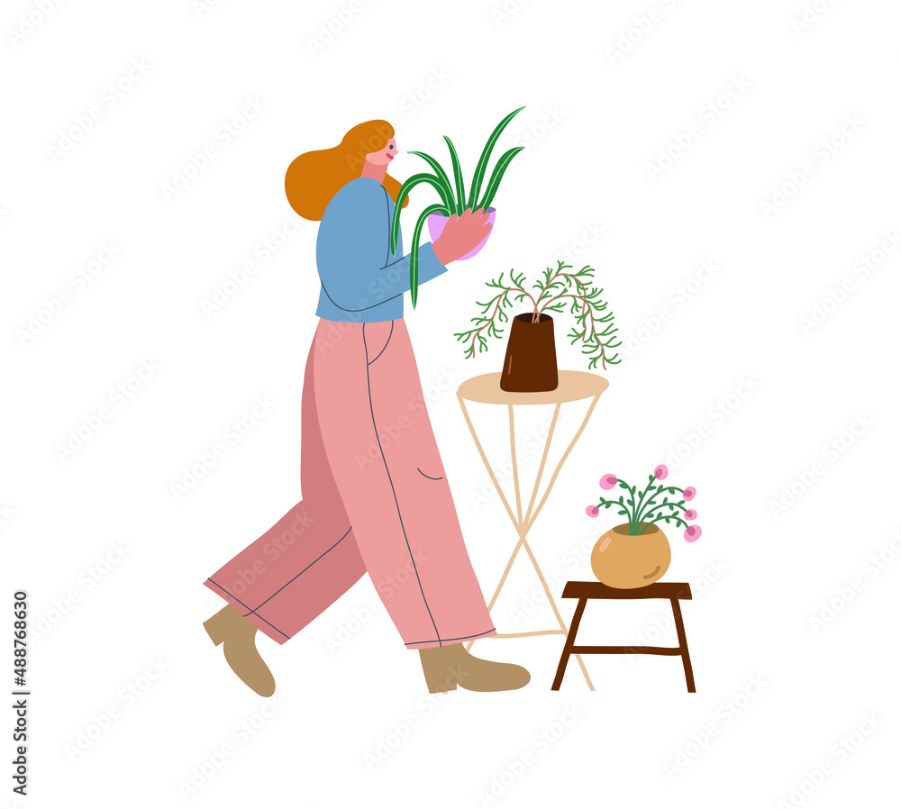 Colorful vector illustration of a girl with blonde hair, holding plant ...