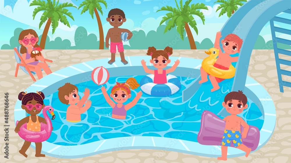 Cartoon children at pool party, swimming, playing and sunbathing. Kid ...