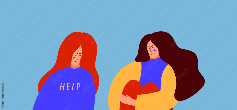 Colorful vector illustration with crying girls. Two women cry. Mental ...