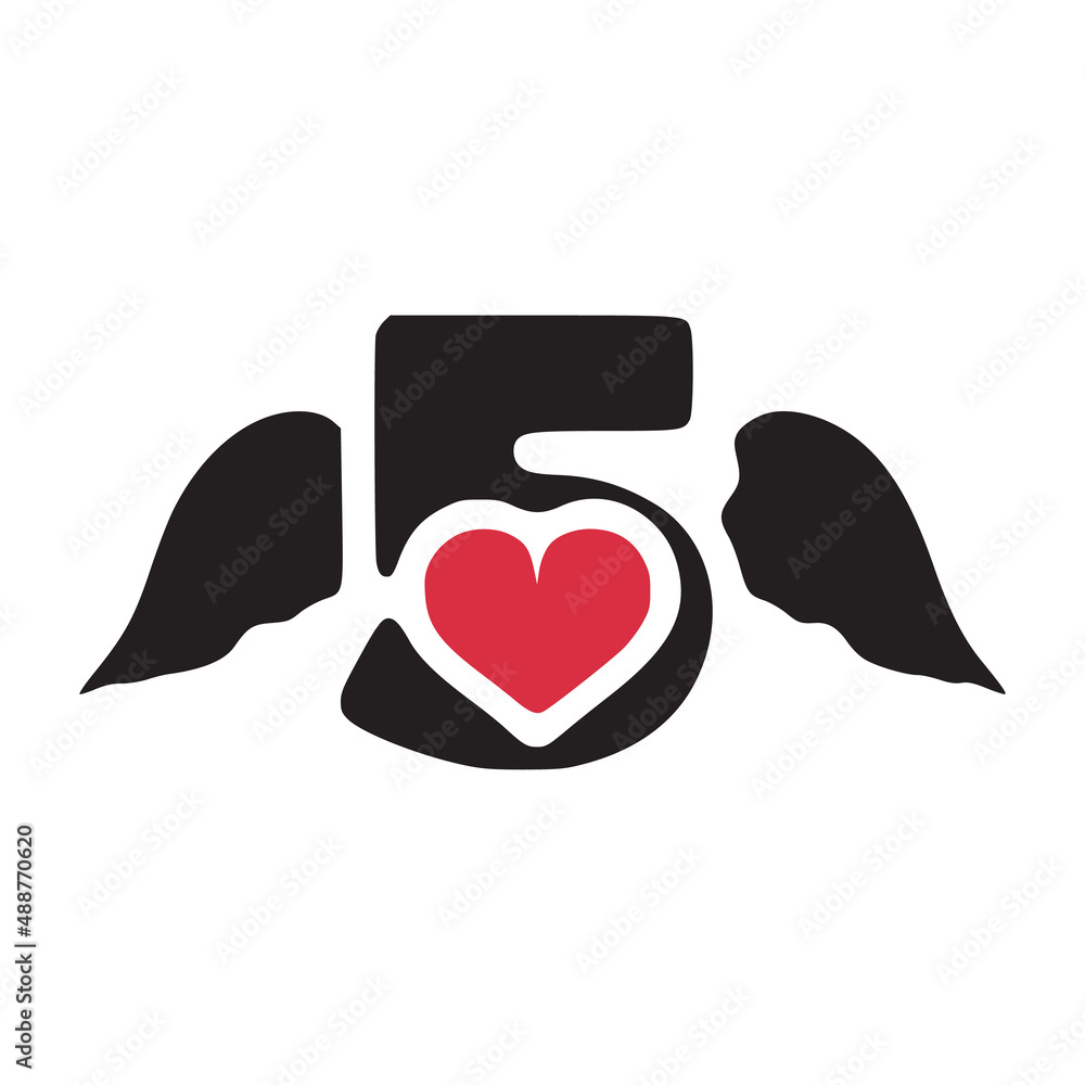 Number 5 with wings and heart symbol doodle icon Stock Vector | Adobe Stock