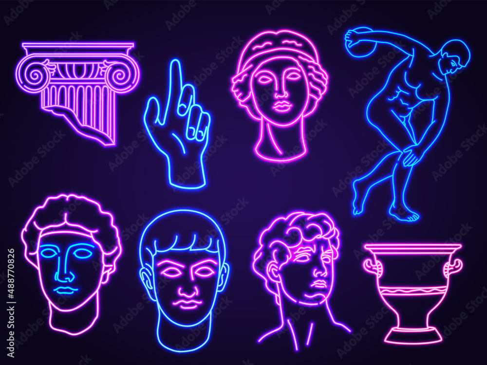 Neon antique greek sculpture and statue outline design. Glowing ancient ...